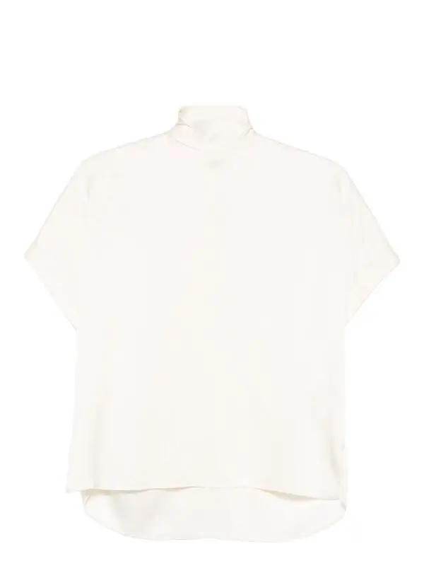 Brunello Cucinelli Silk Satin High Neck Short Sleeve Top With Rear Tie Fastening - Multicolor