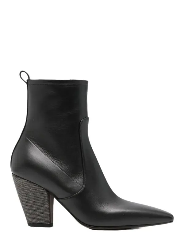 Brunello Cucinelli Black Leather Monili-embellished Block Heel Ankle Boots - Multicolor