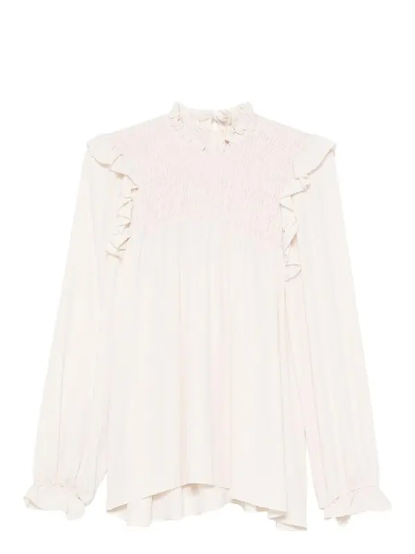 FORTE_FORTE Silk Blend Blouse With Smocked Panel And Ruffle Trim - Multicolor
