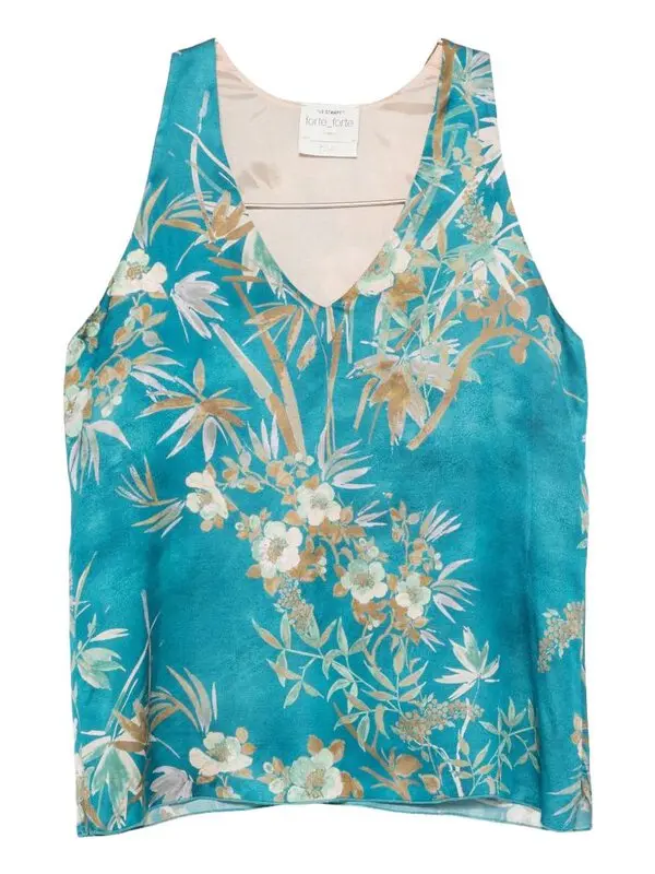 FORTE_FORTE Sleeveless V-neck Floral Print Satin Top Made In Italy - Multicolor