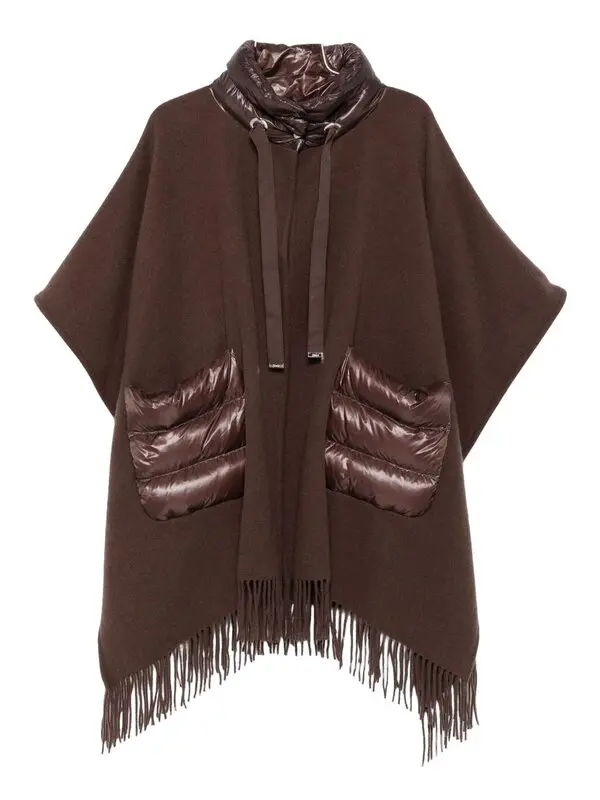 Herno Wool And Nylon Cape With Quilted Pockets And Fringe Trim - Multicolor