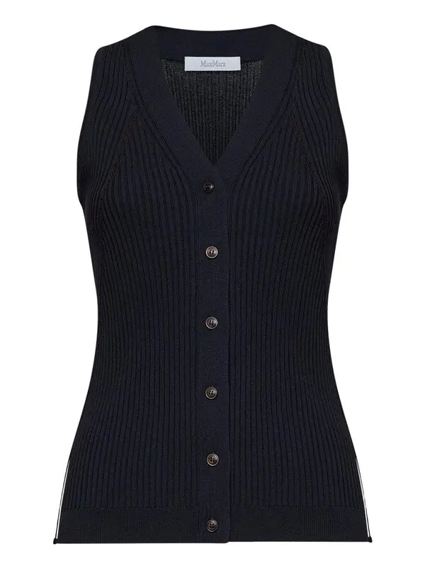 Max Mara Ribbed Knit Sleeveless Vest With V-neck And Tie Detail - Multicolor