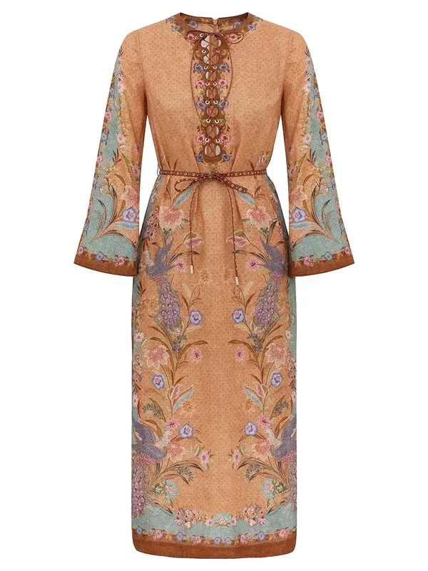 Zimmermann Linen Tie-front Mini Dress With Detachable Belt And Gold-tone Hardware - Beige