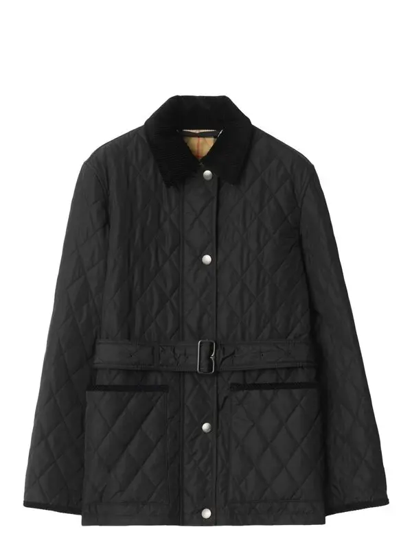 Burberry Quilted Jacket With Contrasting Collar And Buckle Belt - Black