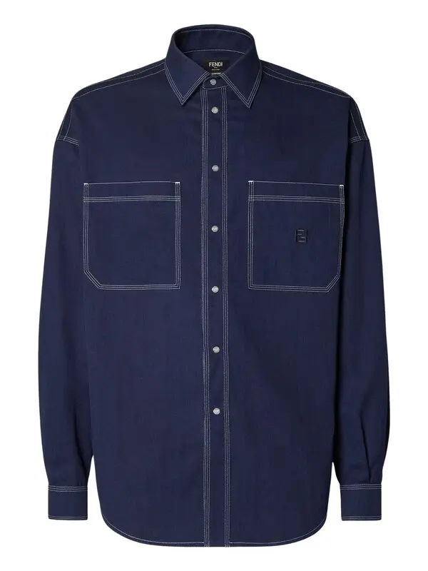 Fendi Cotton Shirt With Patch Pockets And Logo Snap-button Placket - Navy