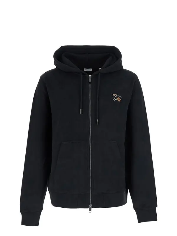Burberry Check Logo Zip-up Cotton Hoodie - Black