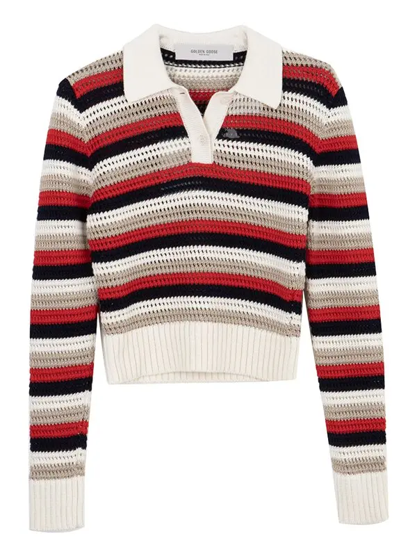 GOLDEN GOOSE Cropped Striped Cotton Knit Polo Shirt - Gray
