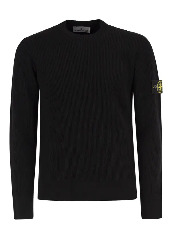 Stone Island Crew-neck Rws Wool Jumper With Ribbed Details - Black