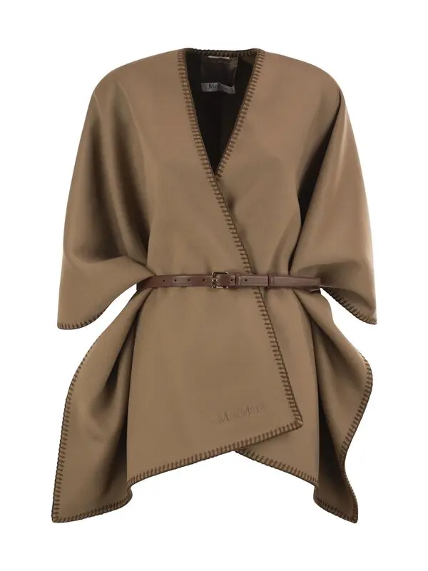 Max Mara Virgin Wool Cape With Leather Belt - Brown