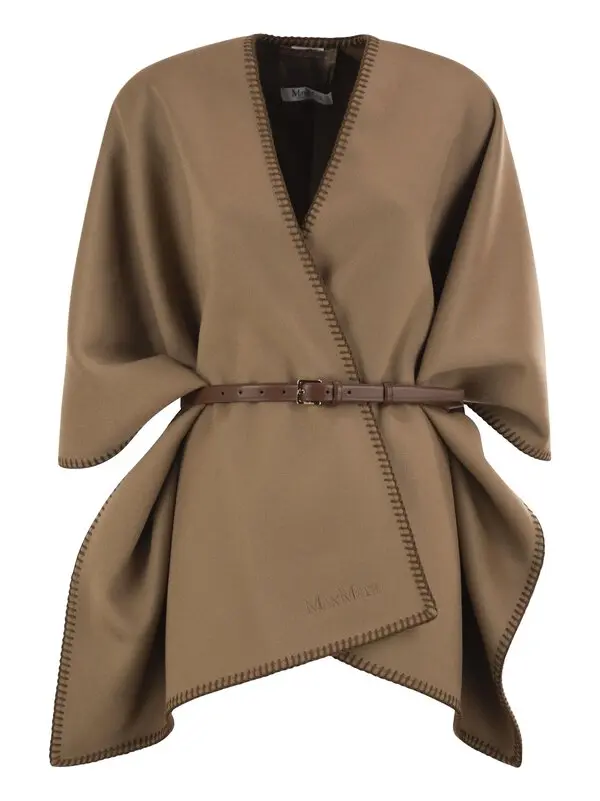 Max Mara Virgin Wool Cape With Leather Belt - Brown