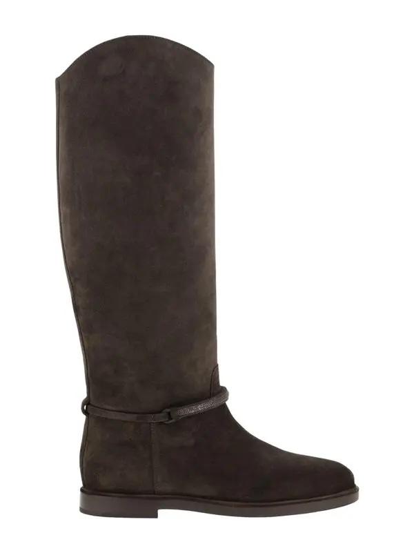 Brunello Cucinelli Suede Leather Knee-high Boots With Monili Detail - Brown