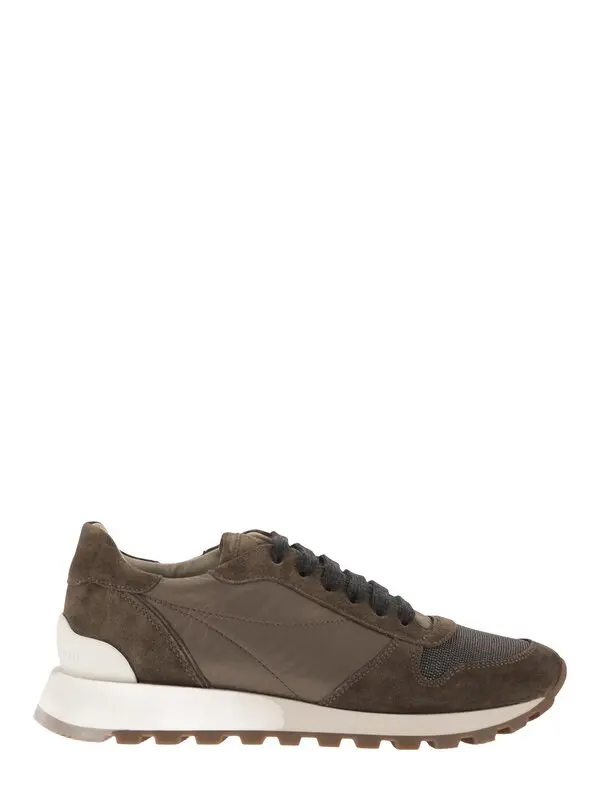 Brunello Cucinelli Suede And Techno Fabric Runners With Embroidered Monile Toe - Brown
