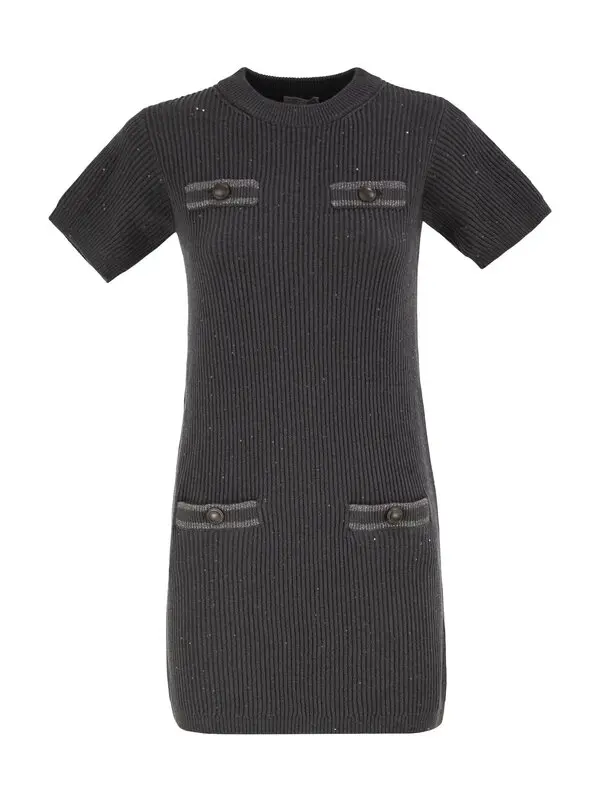 Brunello Cucinelli Ribbed Knit Dress With Sequins And Patch Pockets - Multicolor