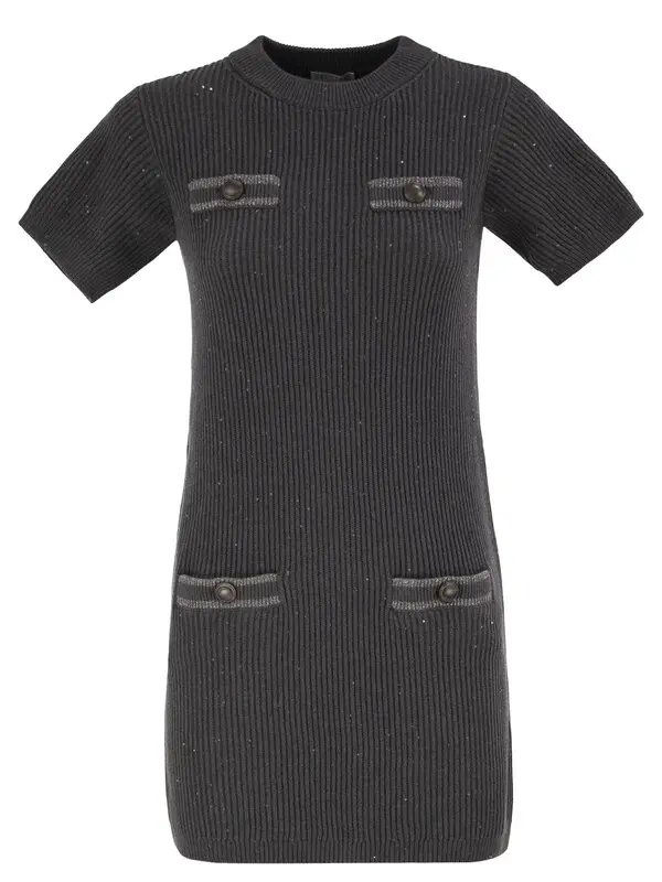 Brunello Cucinelli Ribbed Knit Dress With Sequins And Patch Pockets - Multicolor