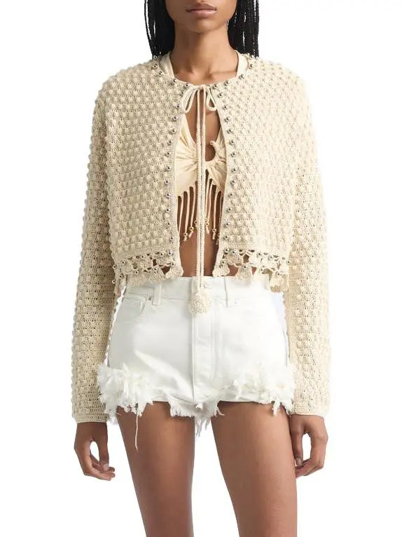 Rabanne Crochet Cardigan With Stud Embellishments - Ecru Fluffy