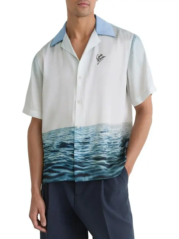REISS Dive Print Camp Shirt - Soft Blue