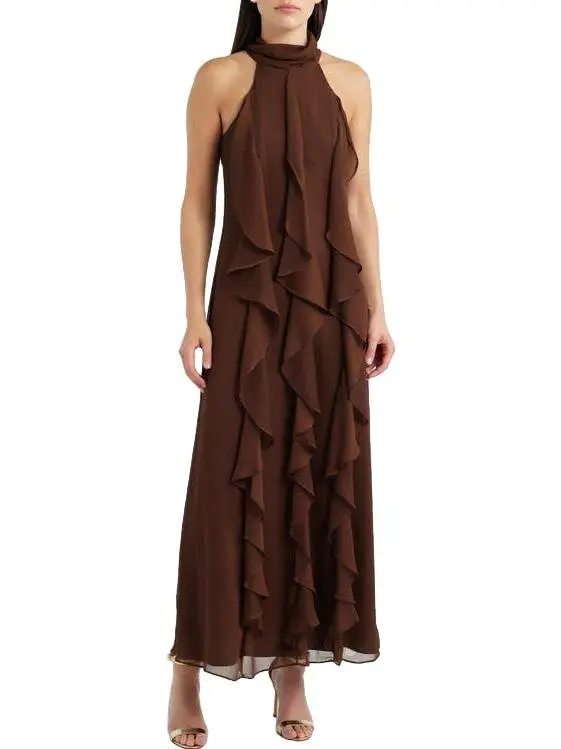 Eliza J Cascade Ruffle Halter Gown - Chocolate
