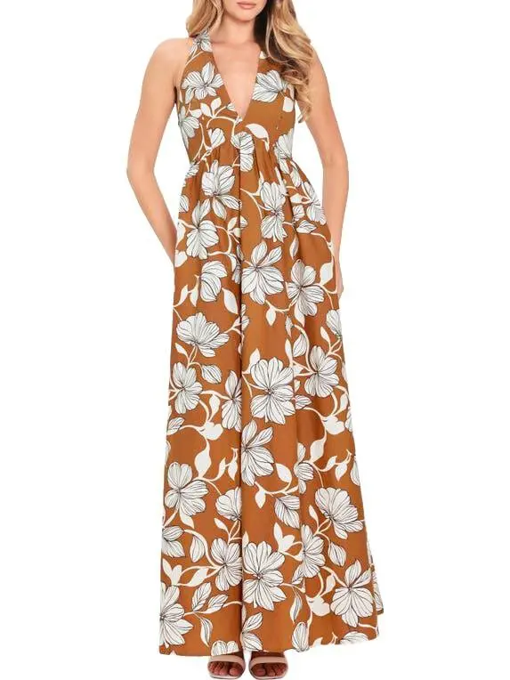 FLYING TOMATO Floral Print Halterneck Midi Dress - Camel