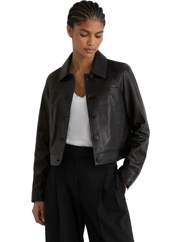 REISS Callie Leather Trucker Jacket - Black