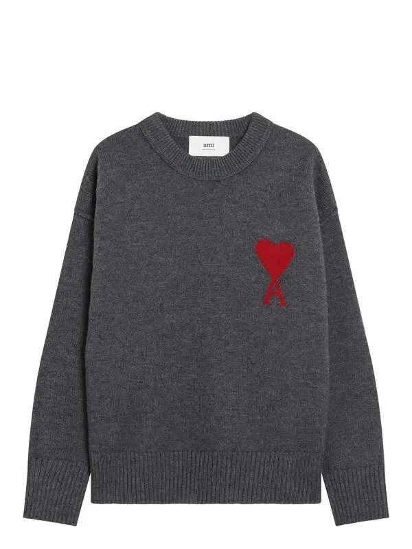 AMI Paris Grey Virgin Wool De Coeur Sweater - Gray