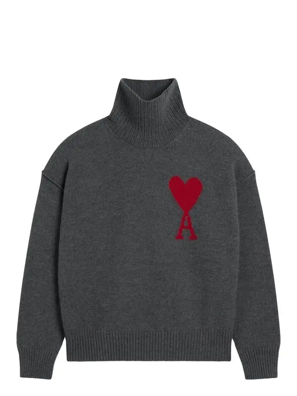 AMI Paris Grey Melange Merino Wool Knit De Coeur Sweater - Gray