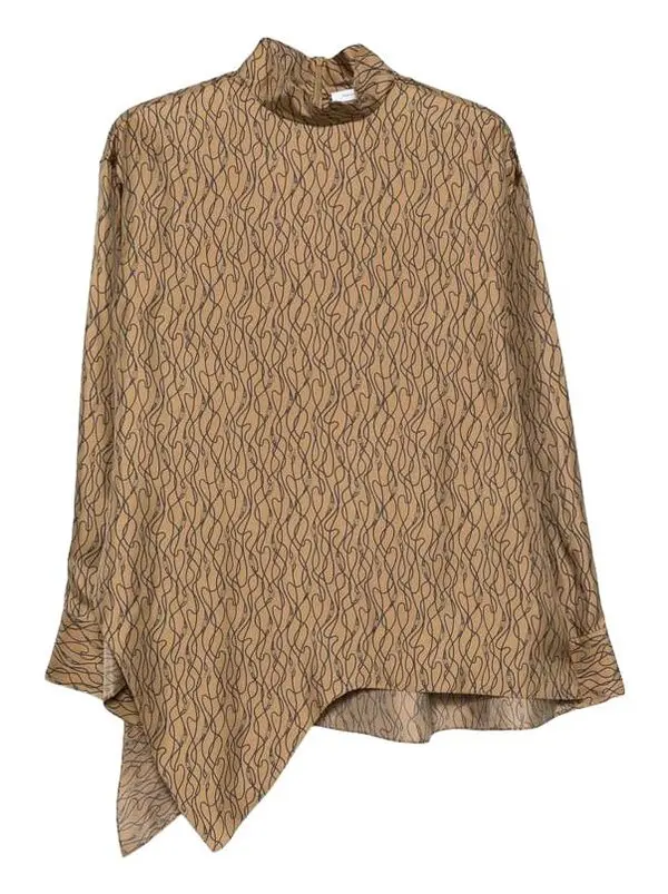 FERRAGAMO Graphic Print High Neck Silk Blouse - Brown