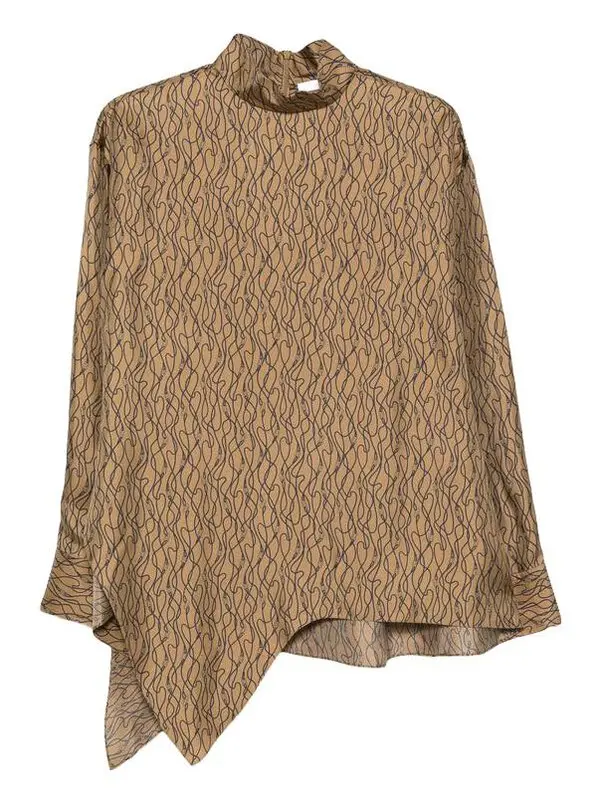 FERRAGAMO Graphic Print High Neck Silk Blouse - Cream