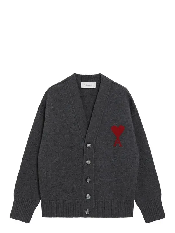 AMI Paris Merino Wool V-neck Cardigan With De Coeur Embroidery - Gray