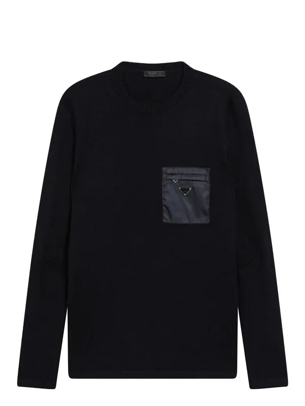 Prada Virgin Wool Crewneck Sweater With Re-nylon Pocket - Blue