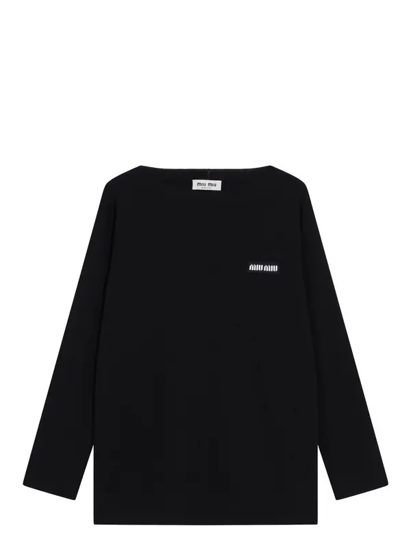 Miu Miu Virgin Wool Sweater With Logo Intarsia - Blue