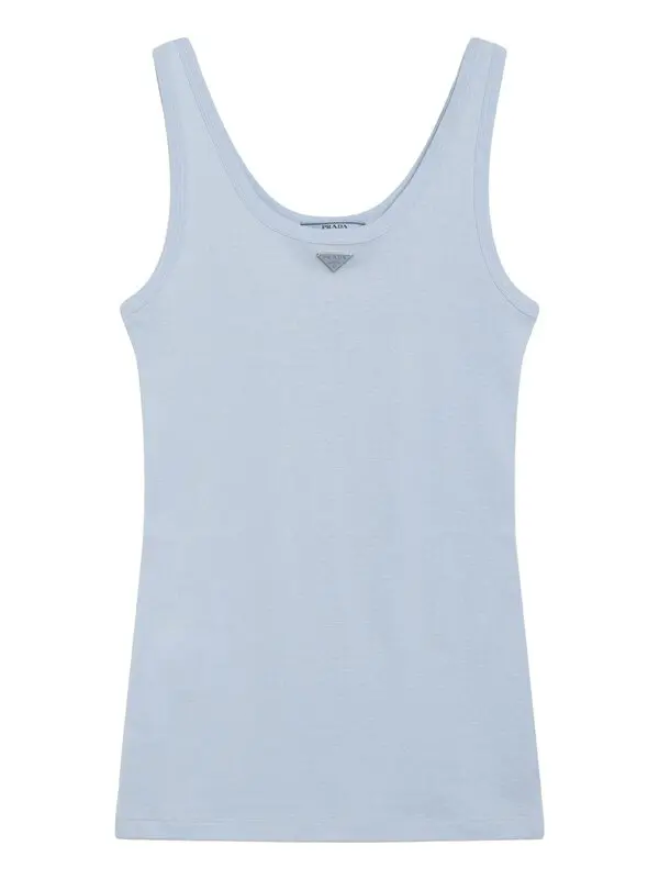 Prada Ribbed Cotton Top With Triangle Logo - Blue