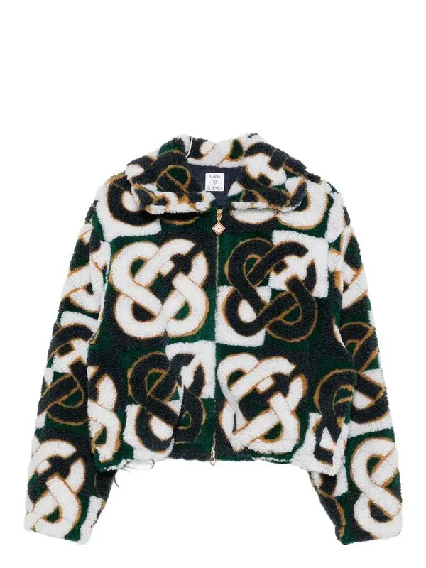 Casablanca Fleece Texture Monogram Print High Neck Zip-up Jacket - White