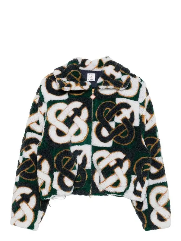 Casablanca Fleece Texture Monogram Print High Neck Zip-up Jacket - White