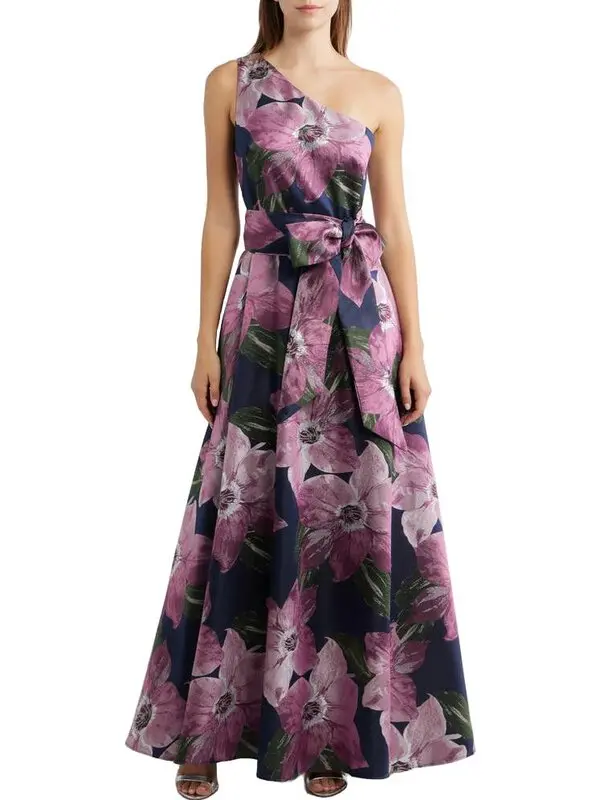 Eliza J Floral Print One-shoulder Ballgown - Navy Multi