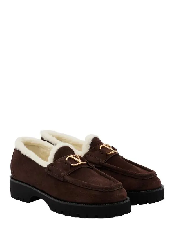 Valentino Garavani Vlogo Shearling-trimmed Suede Platform Loafers - Brown