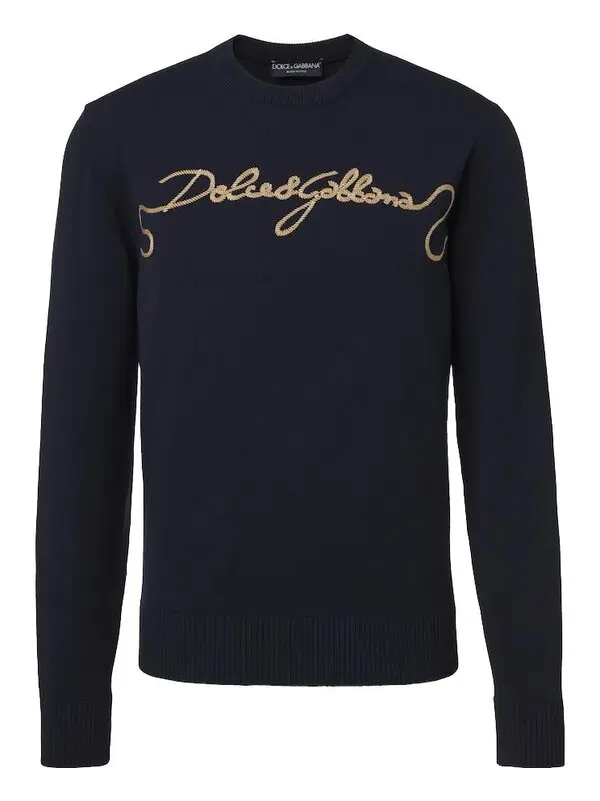 Dolce & Gabbana Embroidered Virgin Wool Crew Neck Sweater - Blue