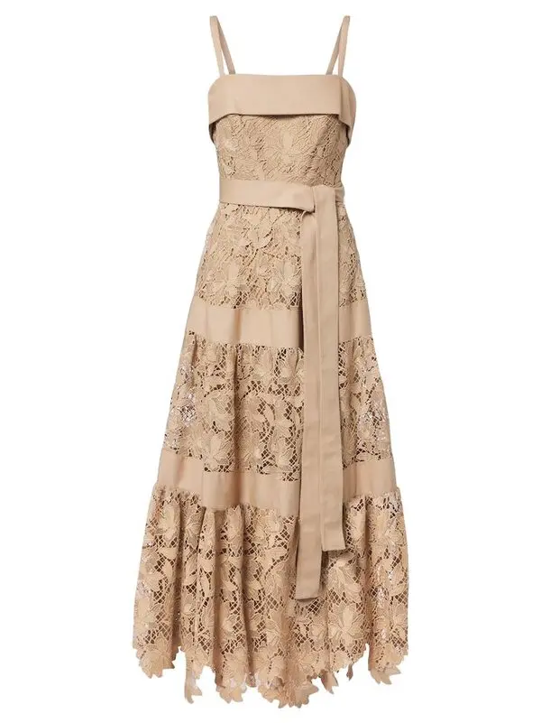 Elie Saab Belted Tiered Guipure Lace Maxi Dress - Beige