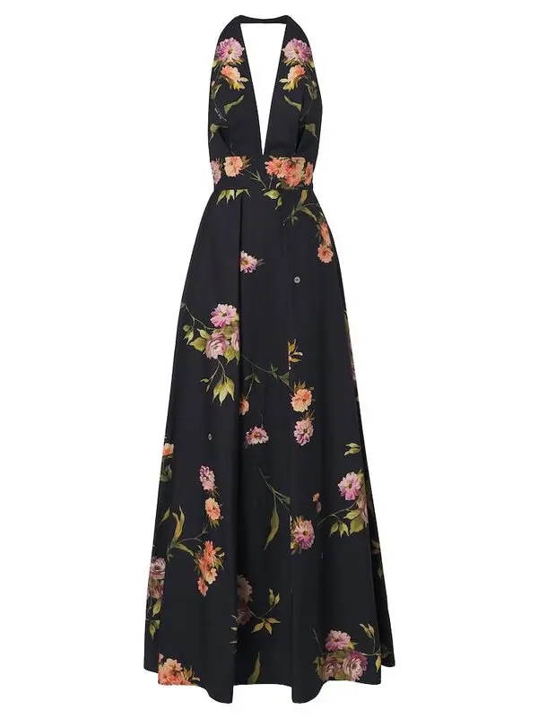 Elie Saab Floral Pleated Cotton Poplin Maxi Dress - Blue