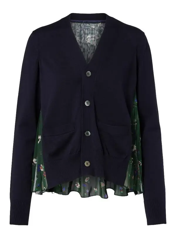 Sacai Floral Trim Cotton Cardigan - Blue