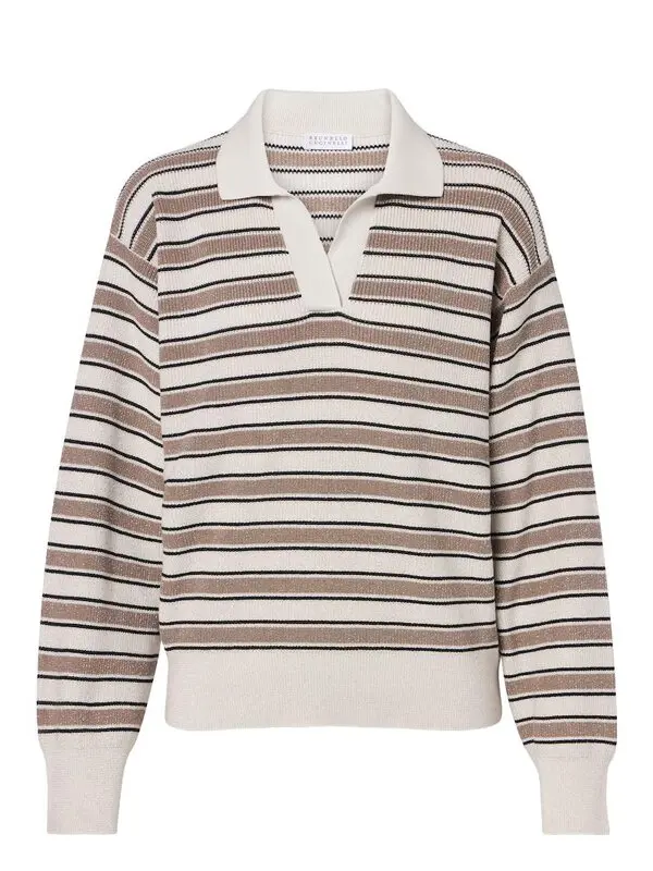 Brunello Cucinelli Striped Cotton-blend Polo Sweater - Beige