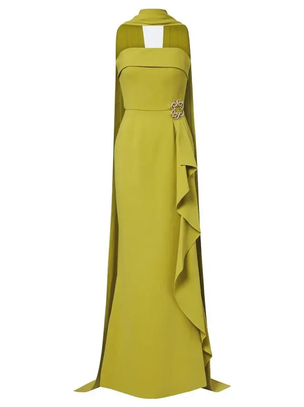 Elie Saab Draped Cady Gown With Embellished Scarf Detail - Green