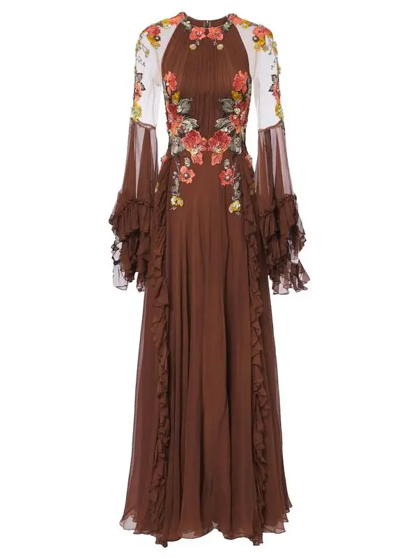 Costarellos Embroidered Floral-appliqué Silk Gown - Brown