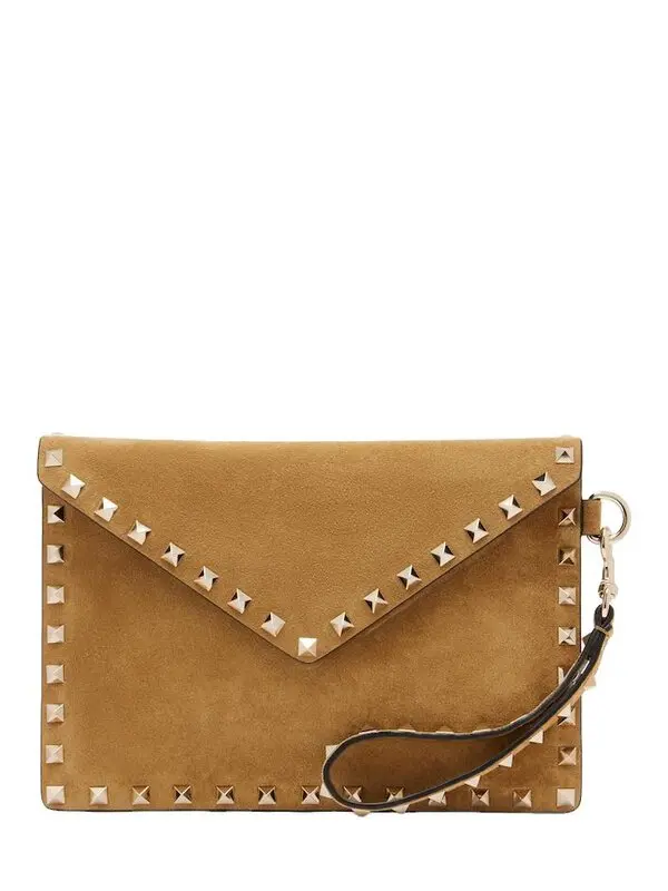 Valentino Garavani Rockstud Medium Suede Pouch - Beige
