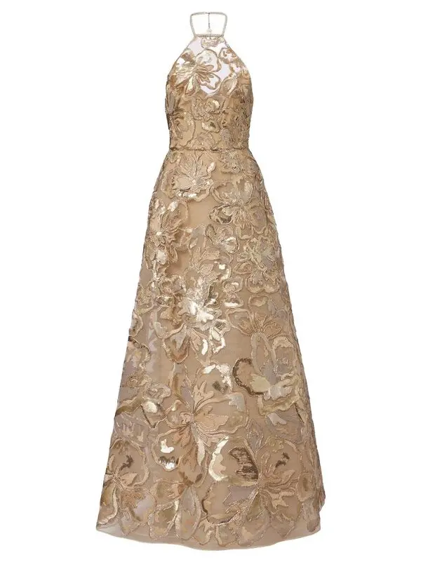 Elie Saab Halterneck Sequined Tulle Gown - Beige