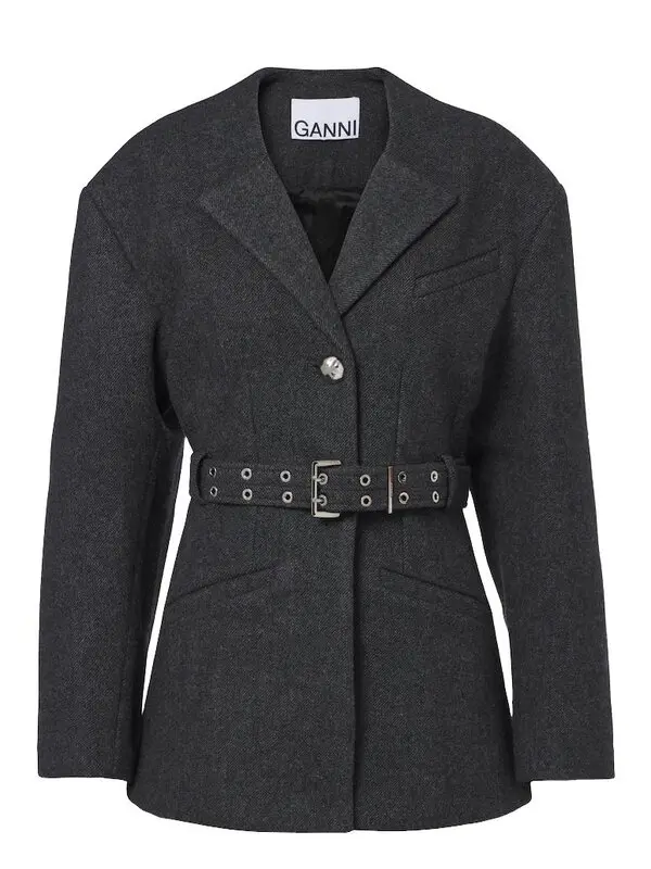 GANNI Belted Wool And Cashmere-blend Blazer - Grey