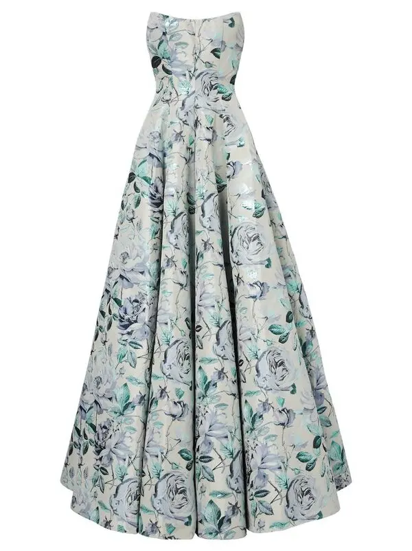 MARKARIAN Laila Floral Brocade Bustier Gown - Blue