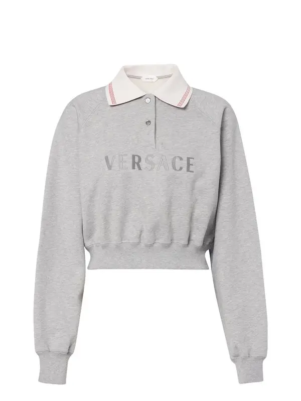 Versace Cropped Cotton Jersey Polo Shirt With Embroidered Collar - Grey
