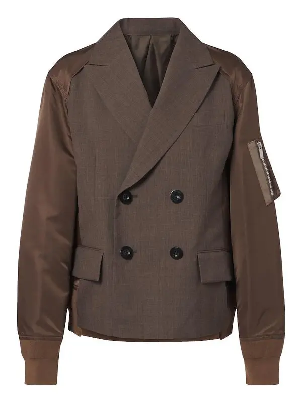 Sacai Double-breasted Wool And Technical Jacket - Brown