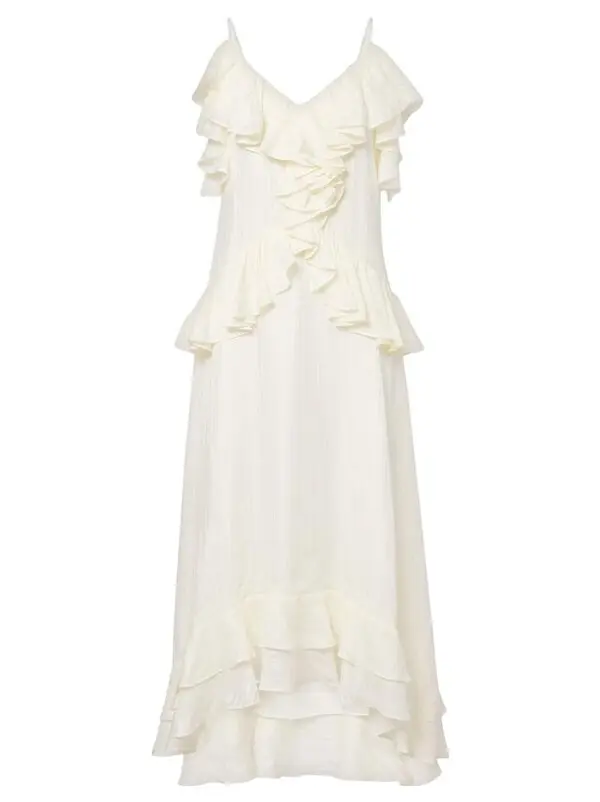 XU ZHI Ruffled Lace-trimmed Silk-blend Midi Dress - White