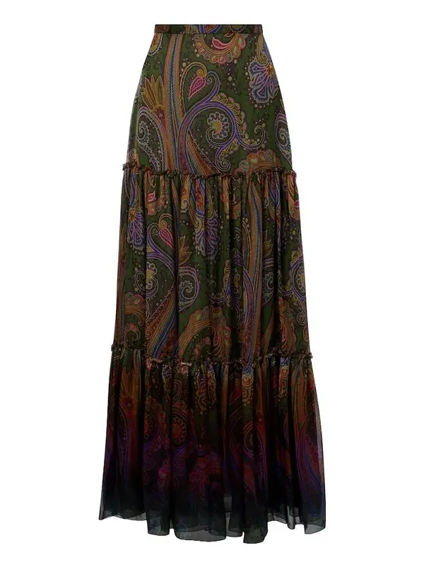 Etro Paisley Silk Tiered Maxi Skirt - Green